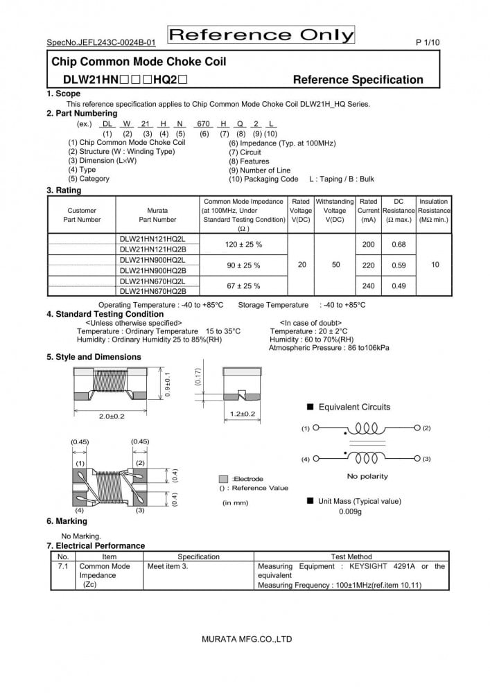 DLW21HN900HQ2L reference specification page 1