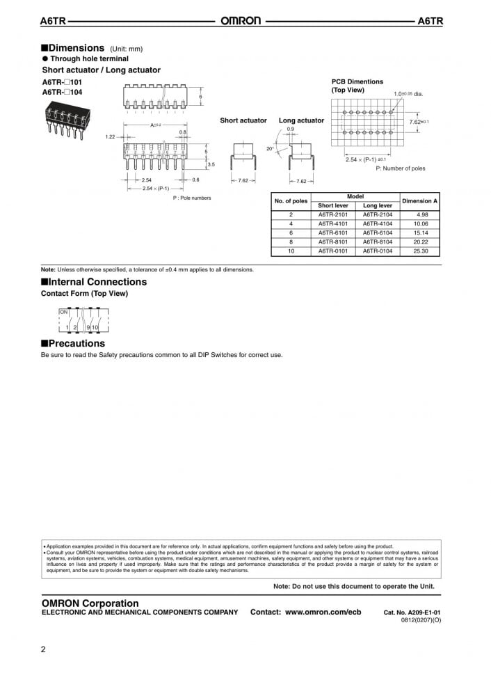 OMRON A6TR series ratings dimensions and internal connections