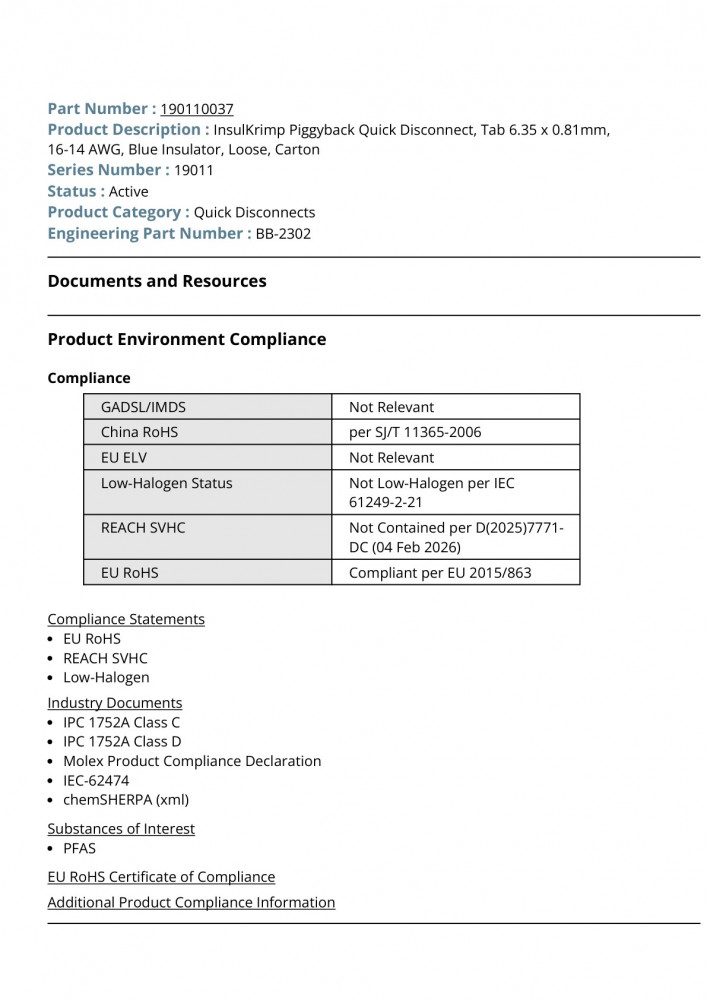 Technical document page 1 for MOLEX 190110037