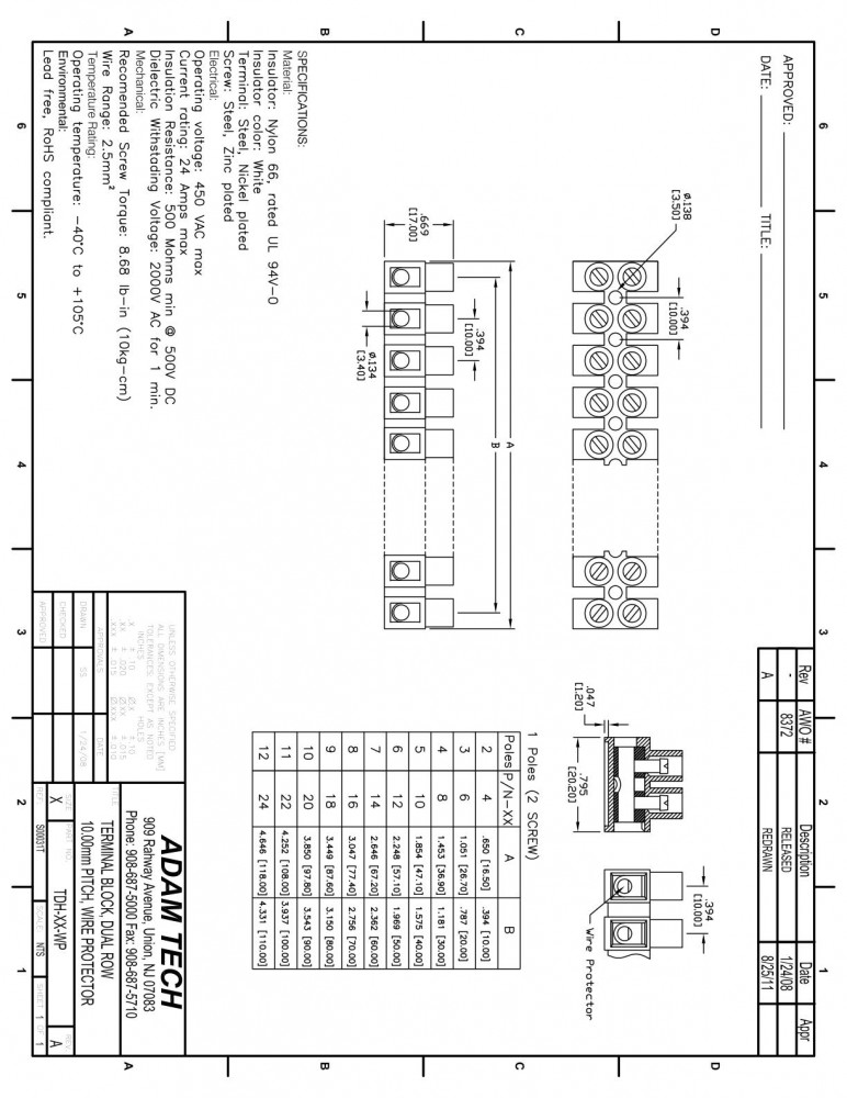ADAM TECH TDH-XX-WP terminal block dimensional drawing