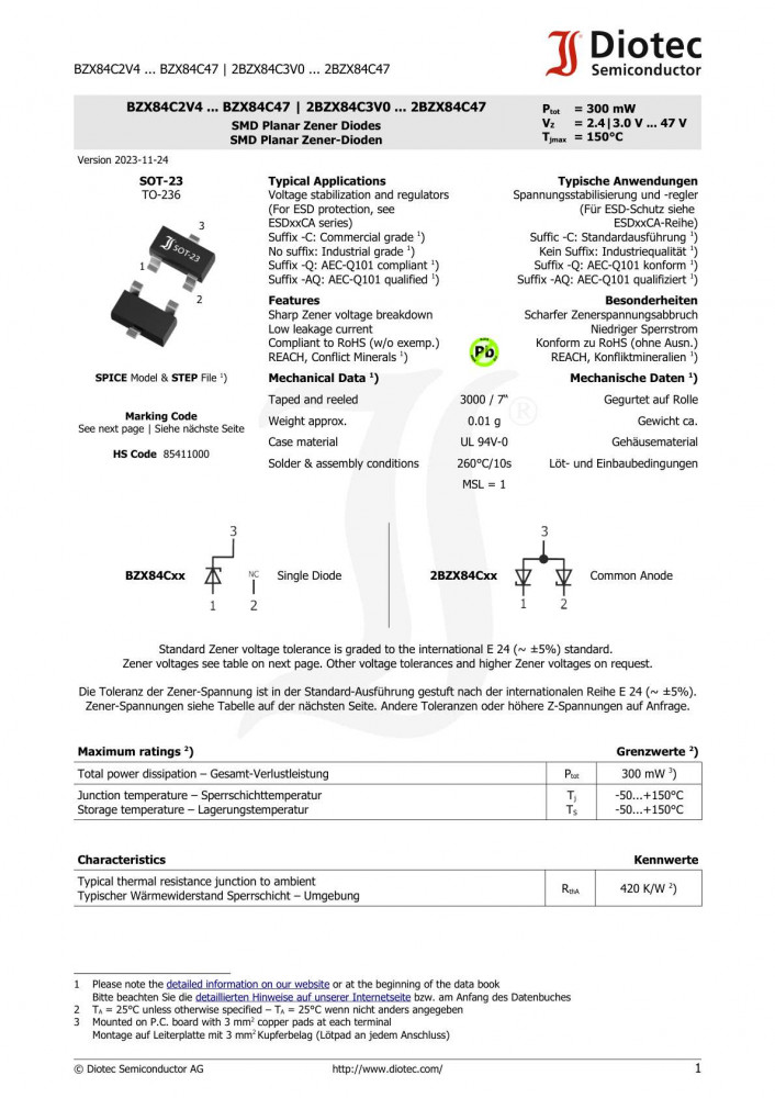 DIOTEC BZX84C3V3 datasheet page 1