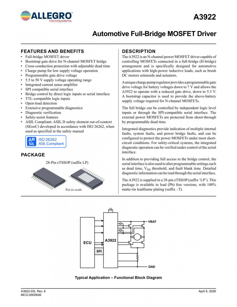 A3922 datasheet page 1