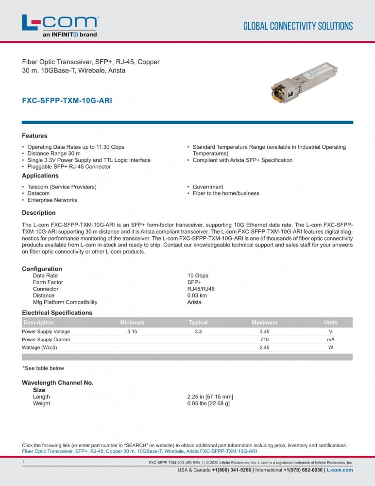 FXC-SFPP-TXM-10G-ARI datasheet page 1