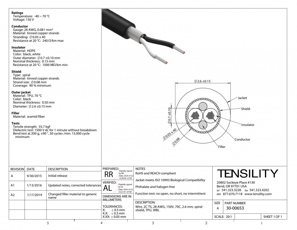 Tensility 30-00653 product drawing and cable specification