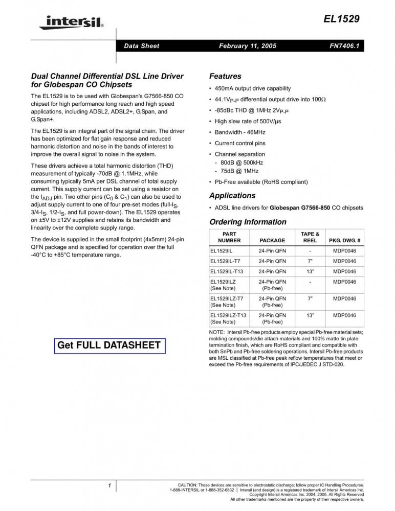 EL1529IL-T7 datasheet page 1