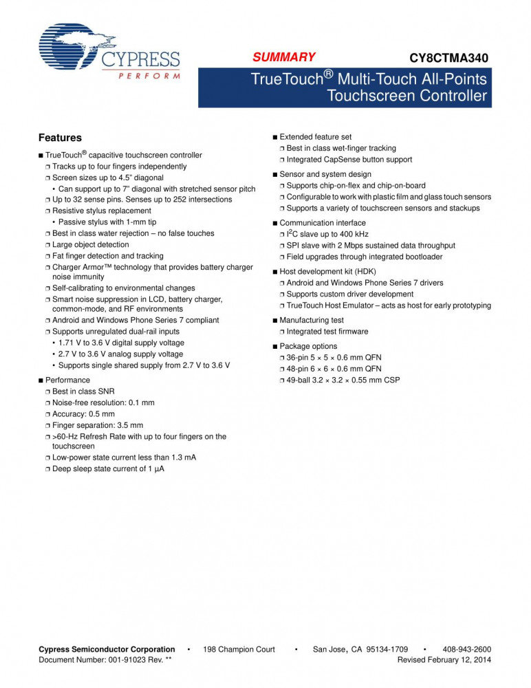 CY8CTMA340 datasheet page 1