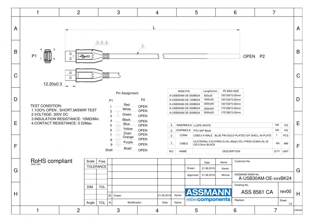 A-USB30AM-OE-050BK24 technical drawing and pin assignment