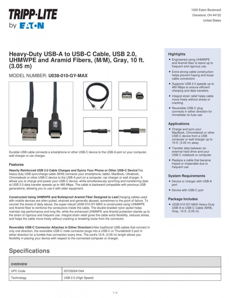 U038-010-GY-MAX technical document page 1