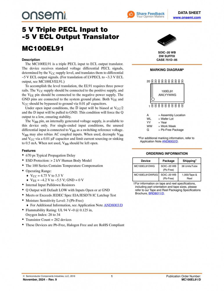 MC100EL91 datasheet page 1
