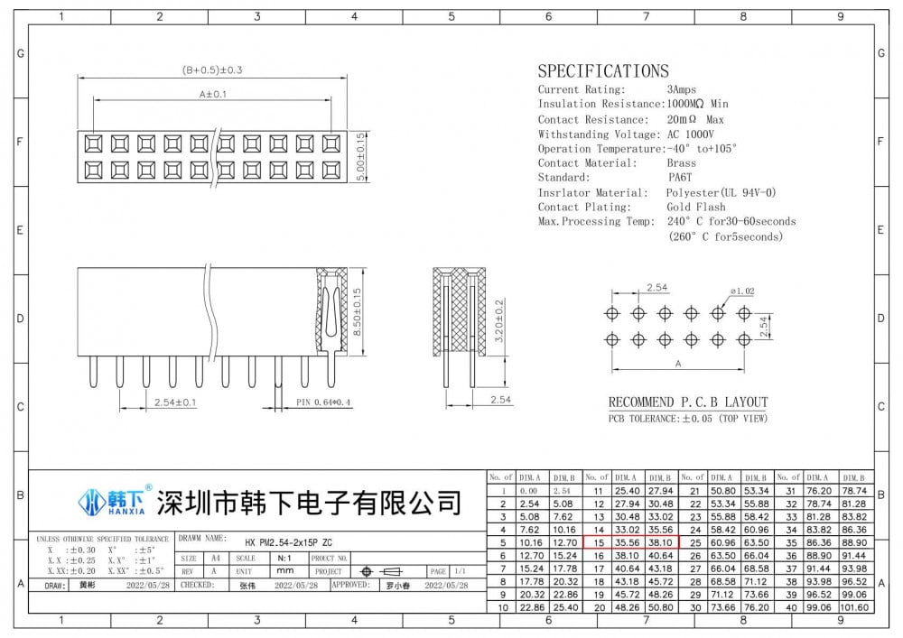 HX PM2.54-2x15P ZC technical document preview