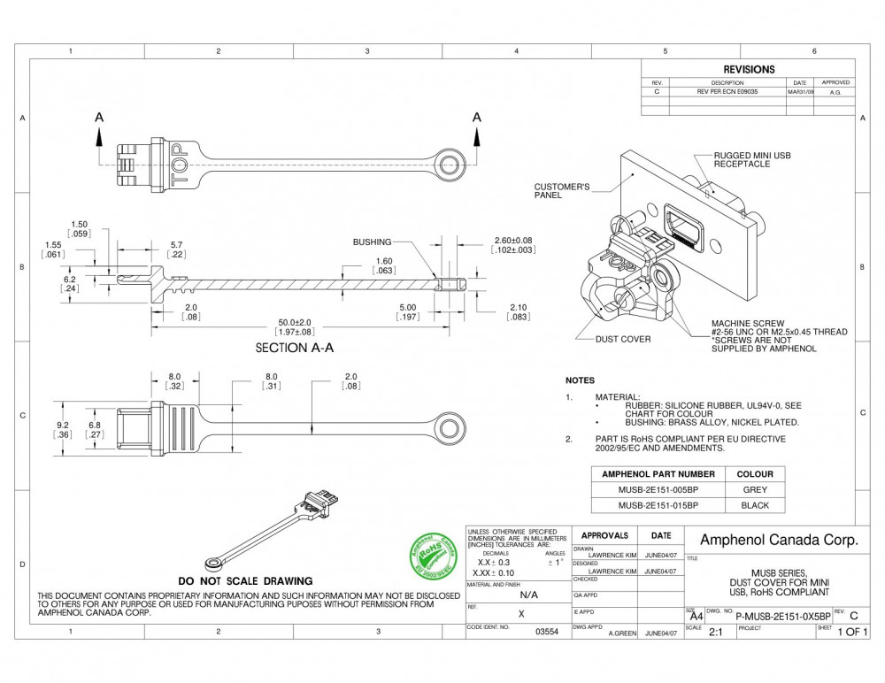 MUSB series Mini-USB dust cover technical drawing