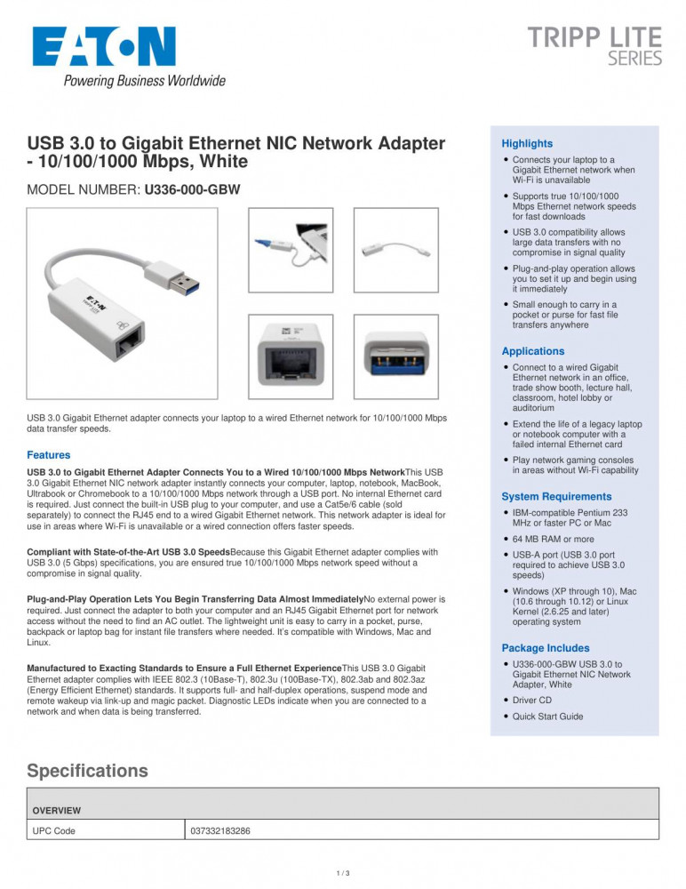 U336-000-GBW product document page 1