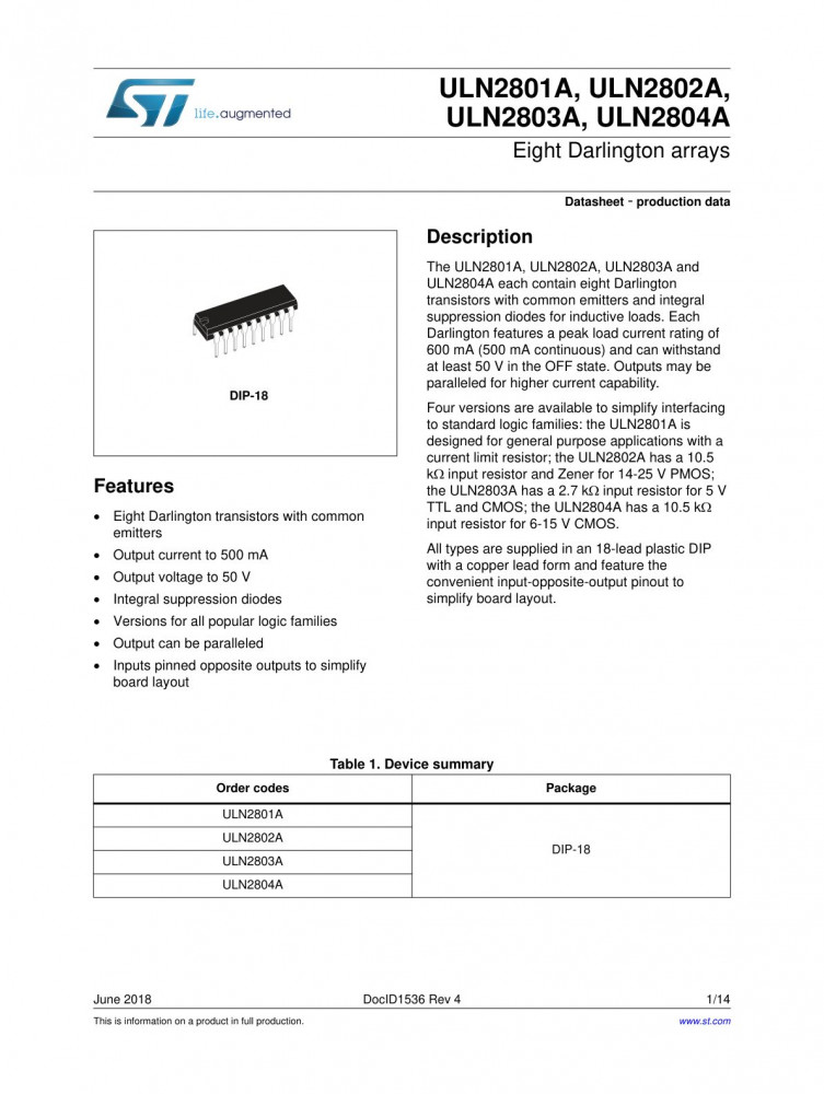ULN2801A datasheet page 1