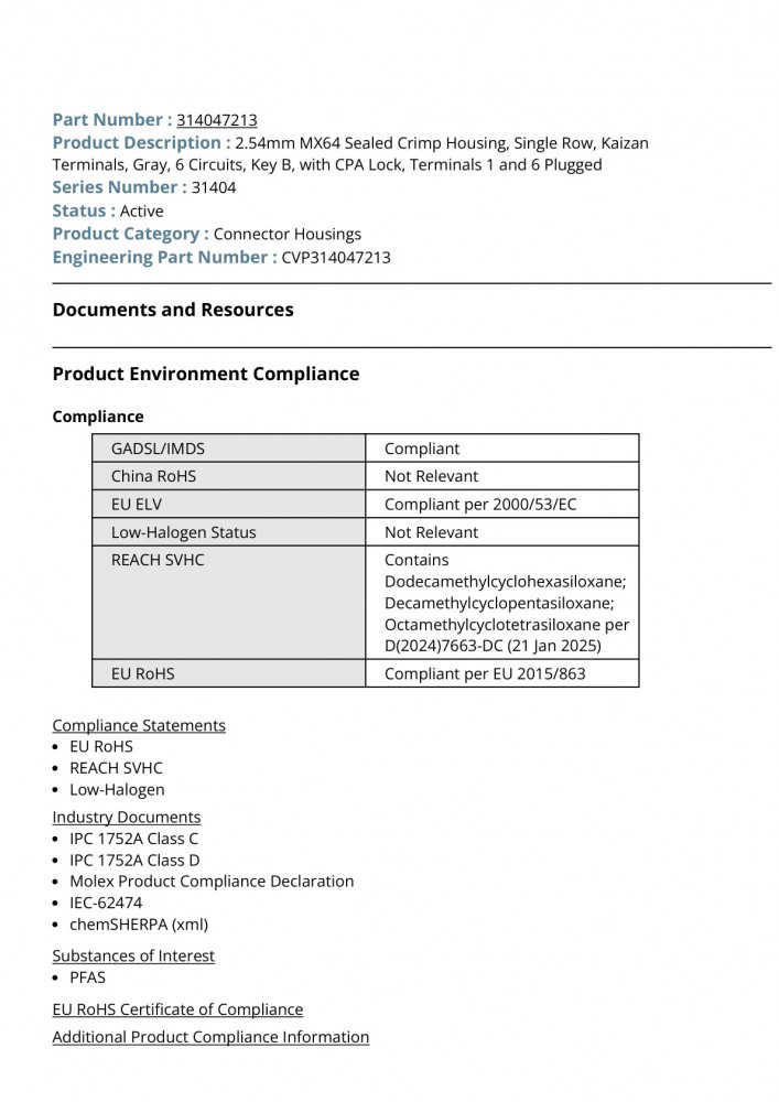 Product document image 1 for MOLEX 314047213