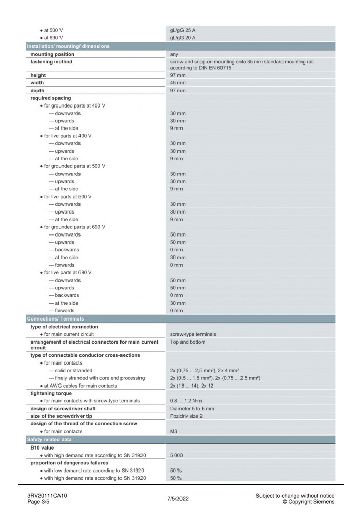 SIEMENS 3RV20111CA10 datasheet page 3