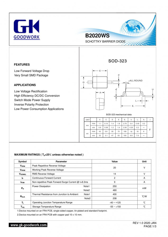 B2020WS datasheet page 1