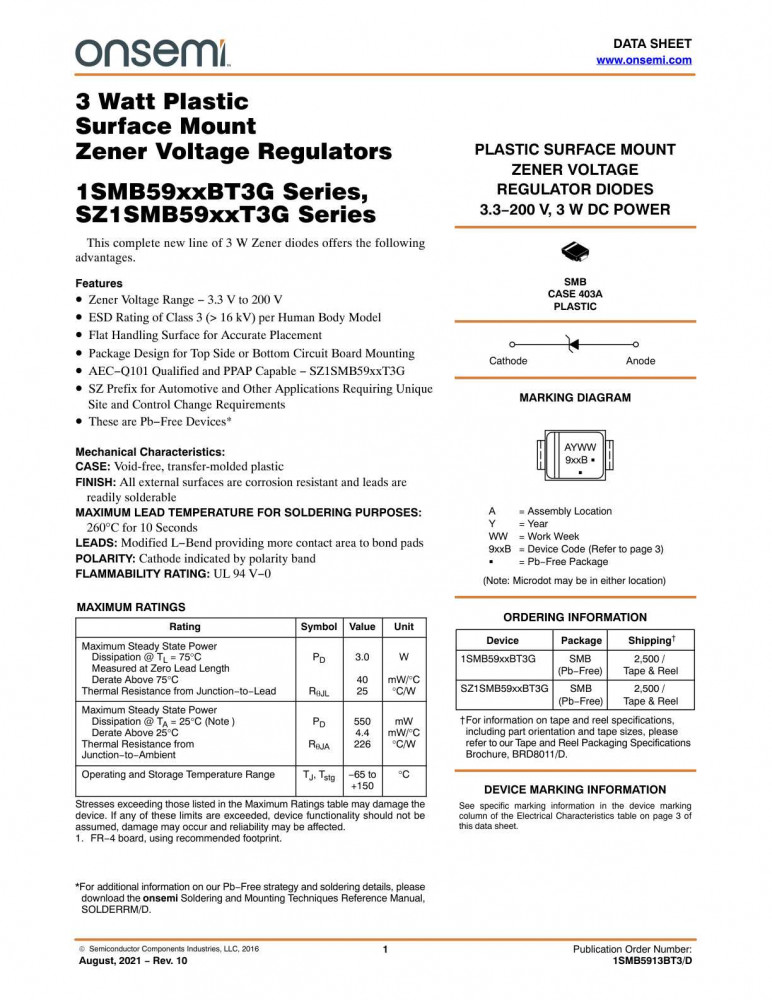 SZ1SMB5933BT3G datasheet page 1