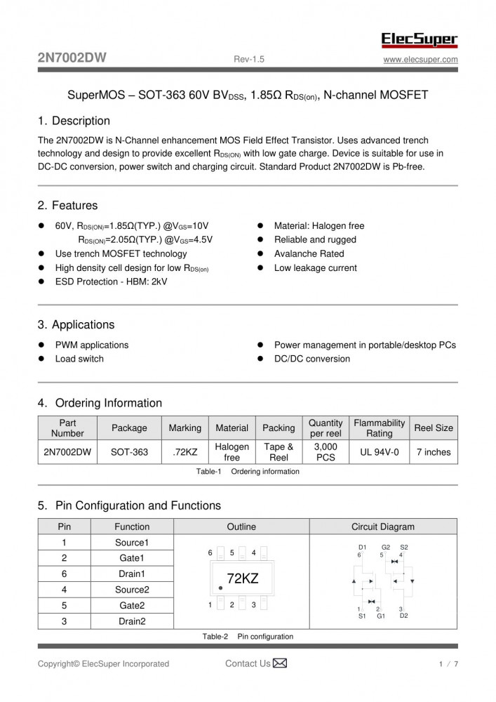2N7002DW datasheet page 1