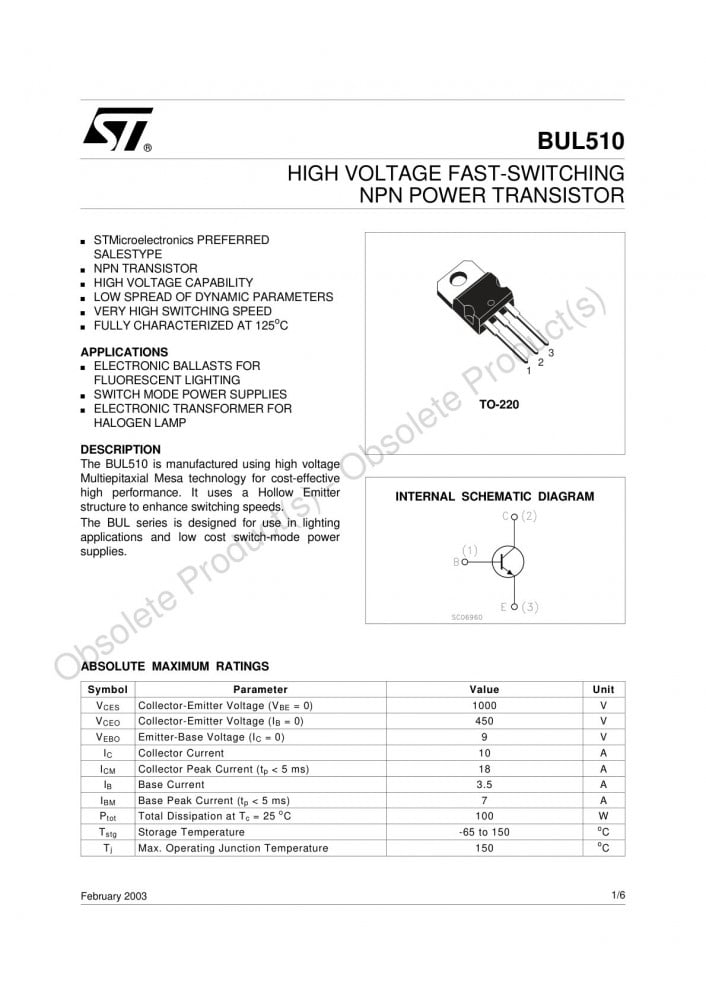 BUL510 datasheet page 1