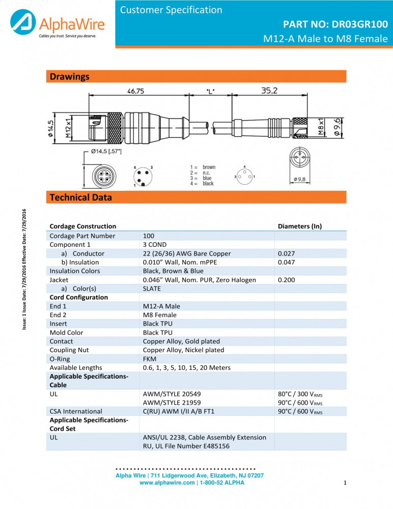 Alpha Wire DR03GR100 SL359 technical drawing page 1