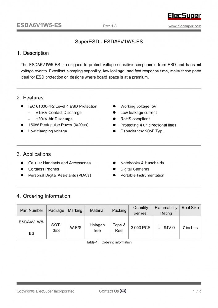 ESDA6V1W5-ES datasheet page 1