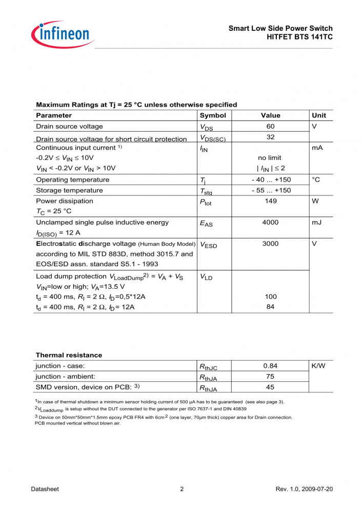 BTS141TCBUMA1 datasheet page 2