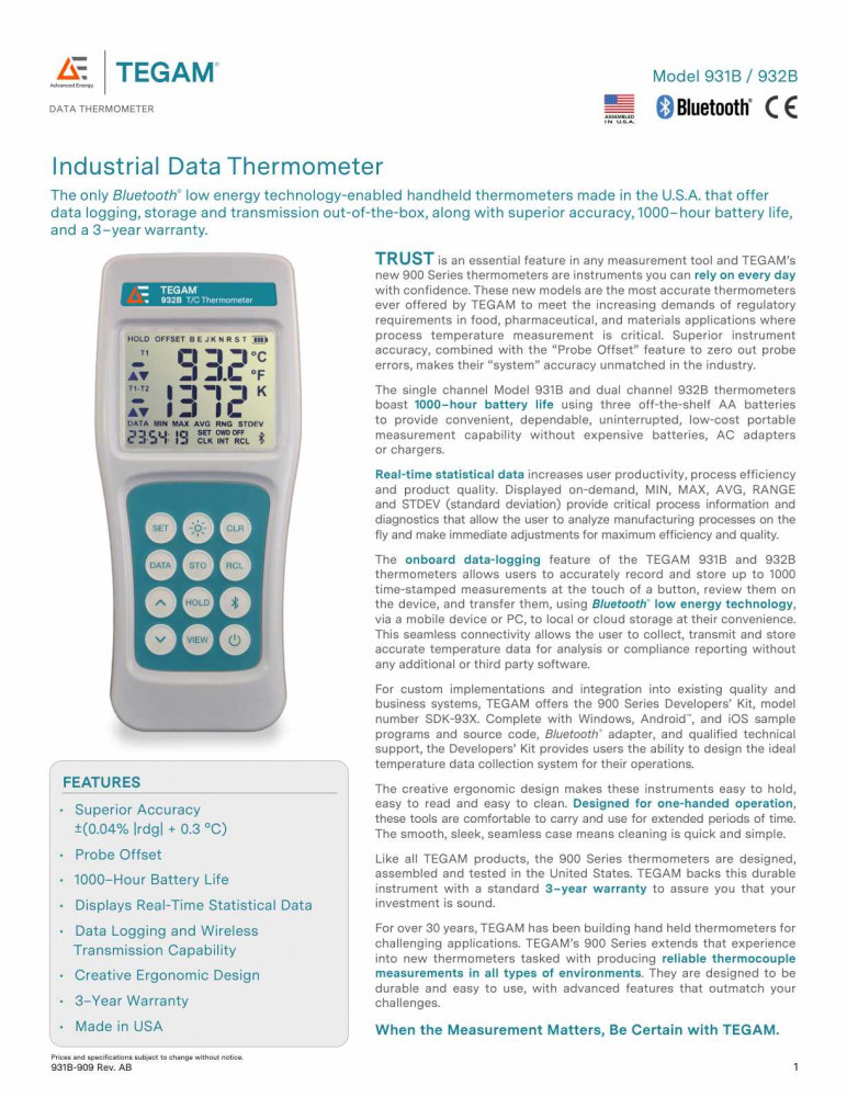TEGAM 900 Series data-logging thermometer document page 1