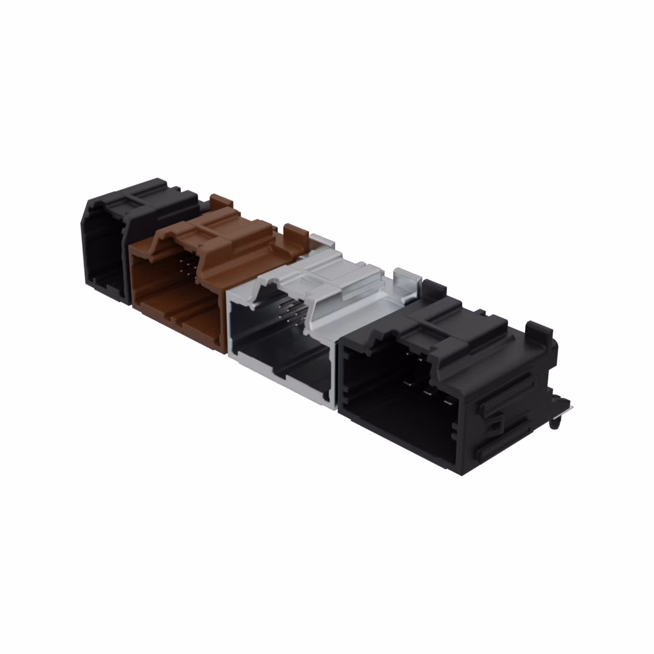 Stac64 4 Bay Right-Angle Headers, Plastic Pin-Alignment-Plate, 58 Circuits, Bay A 8 Circuit Signal Header, Polarization A, Black; Bay B 20  Circuit Signal Header, Polarization C, Brown; Bay C 20 Circuit Signal Header, Polarization B, Gray; Bay D 10 Circuit for sale