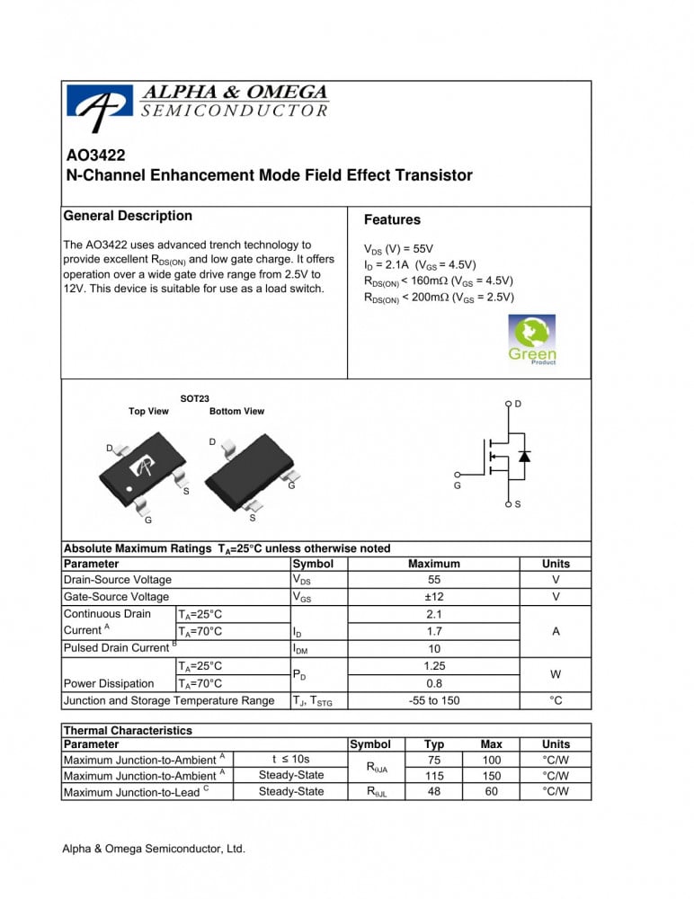 AO3422 datasheet page 1