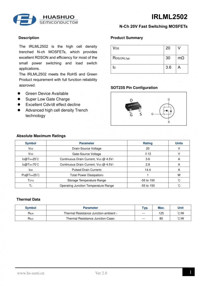 IRLML2502 datasheet page 1