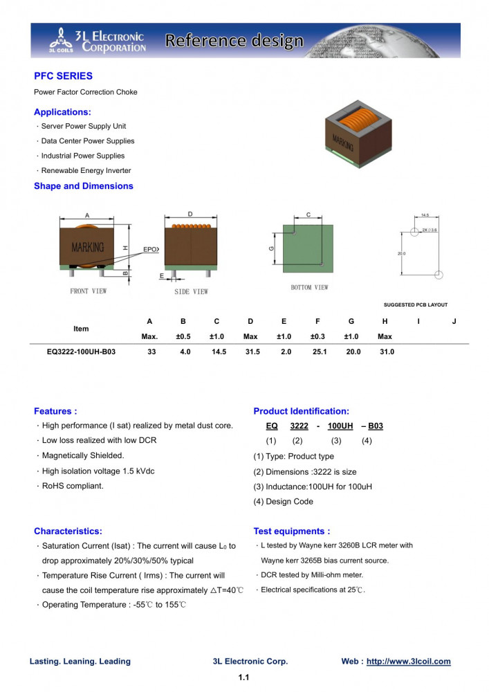 EQ3222-100UH-B03 PFC series product information and mechanical details