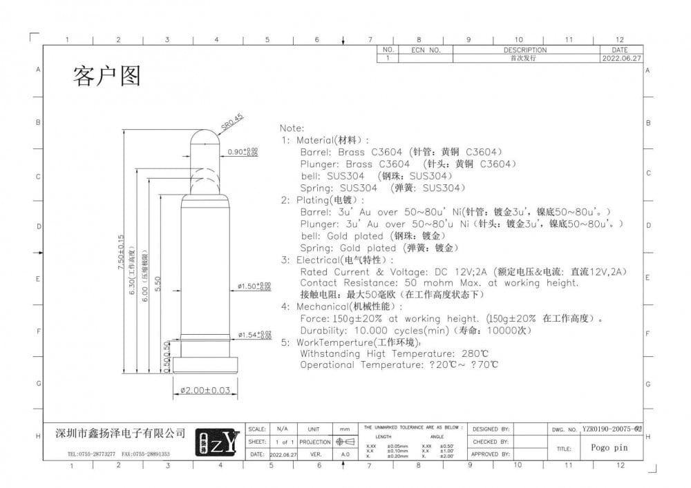 YZR0190-20075-02 customer drawing