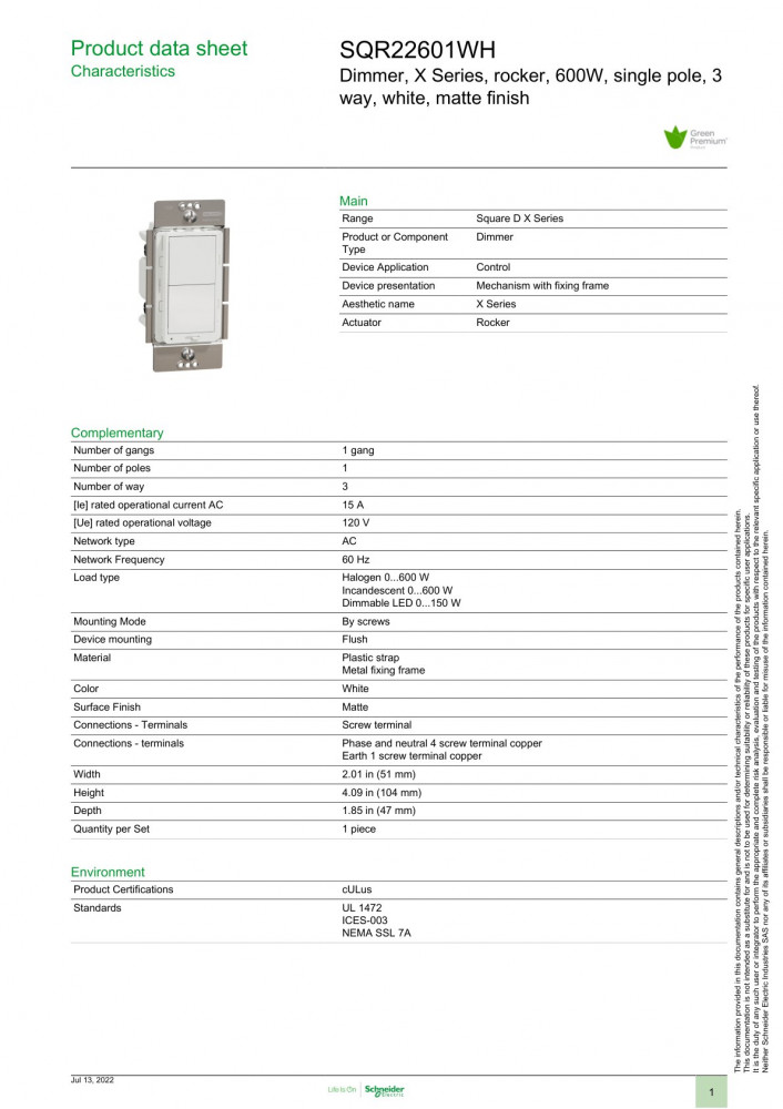 SQR22601WH technical document page 1