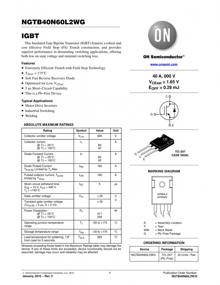 NGTB40N60L2WG datasheet page 1
