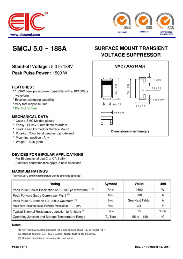 EIC SMCJ series datasheet page 1