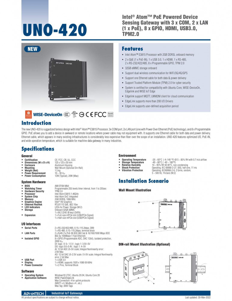 ADVANTECH UNO-420-E0A technical document page 1
