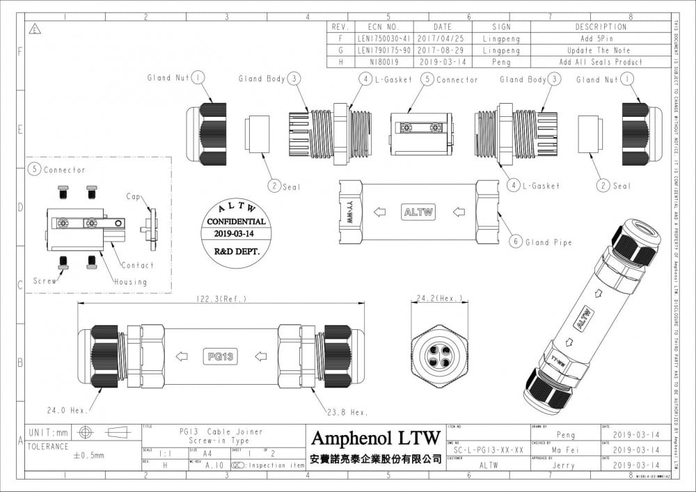 Amphenol SC-L-PG13-04-GN engineering drawing sheet 1