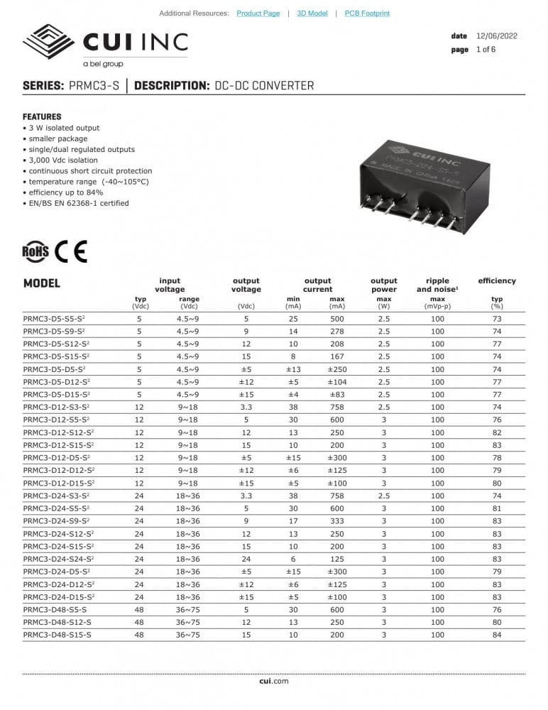 CUI PRMC3-S datasheet page 1