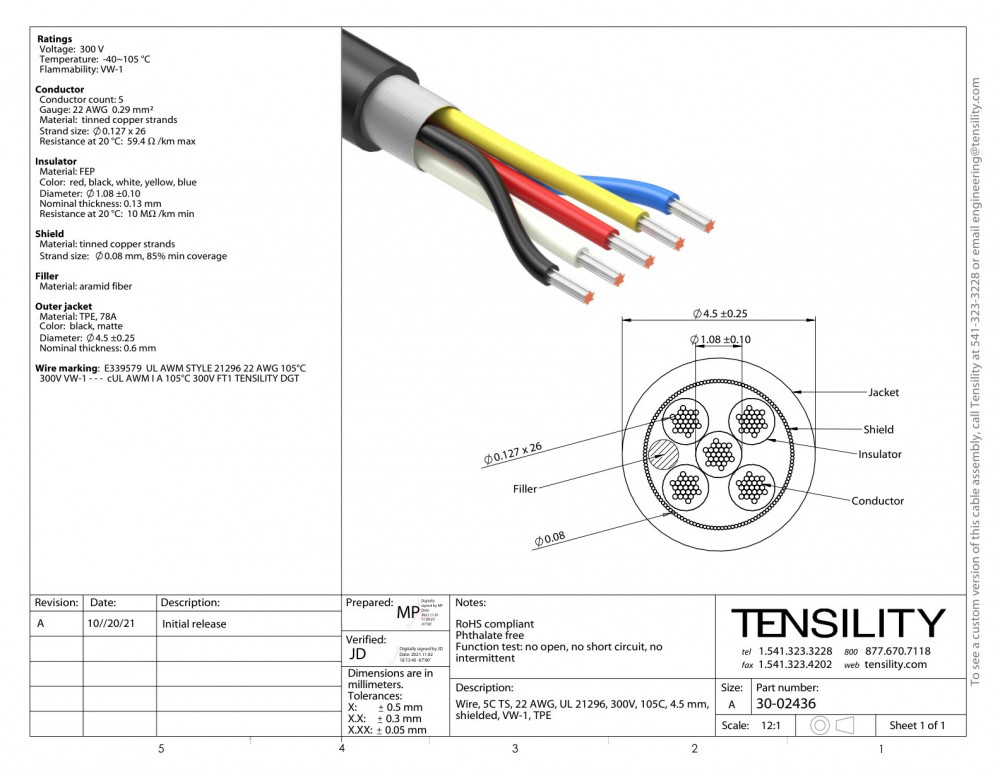 Tensility International 30-02436 cable drawing and specification page