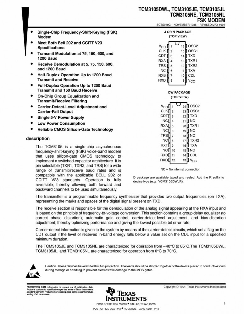 TCM3105NL technical document page 2