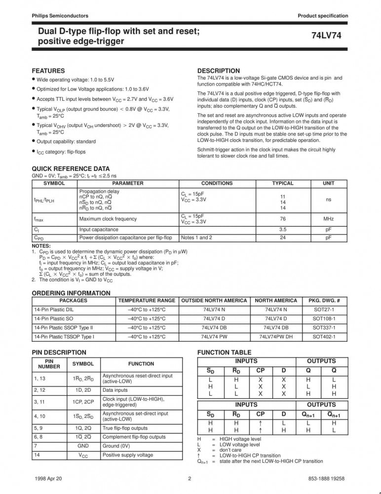 74LV74D datasheet page 2