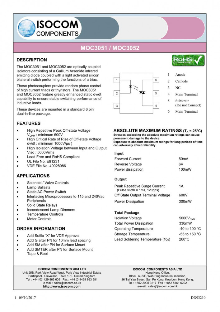 MOC3051 datasheet page 1