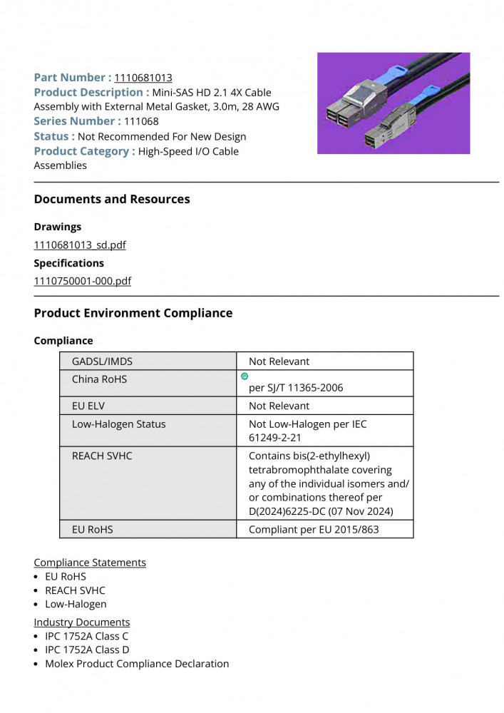 MOLEX iPass+ HD external cable assemblies specification, page 1