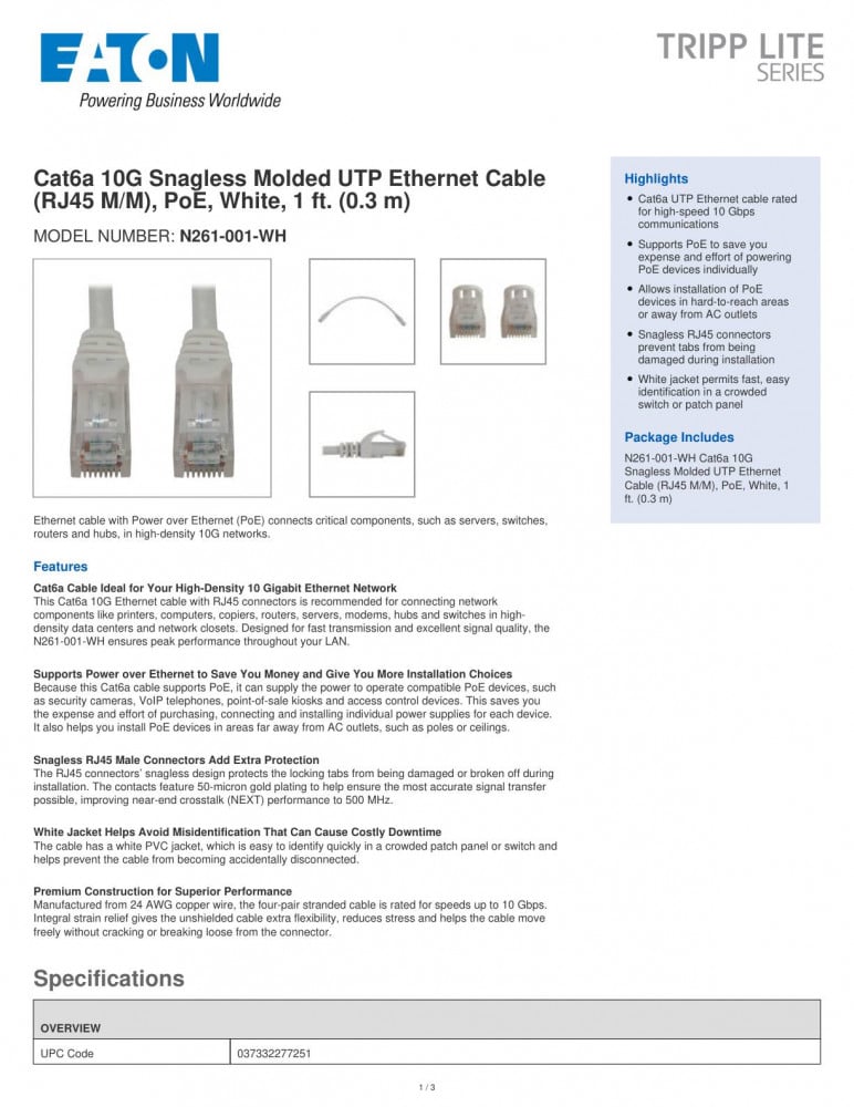N261-001-WH technical document page 1