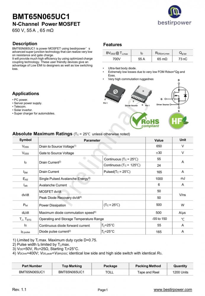 BMT65N065UC1 datasheet page 1