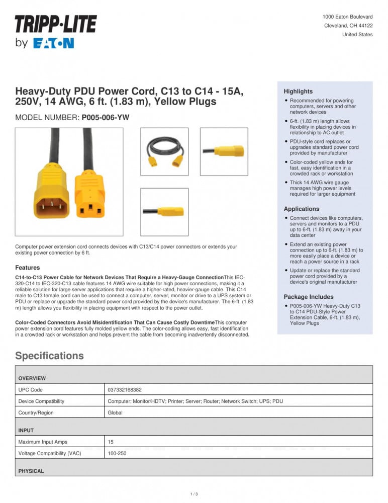 EATON P005-006-YW technical document page 1