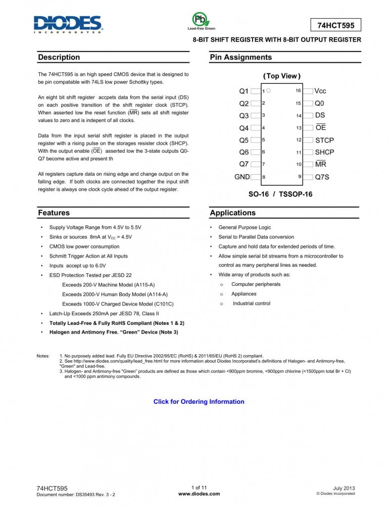 74HCT595T16-13 datasheet page 1