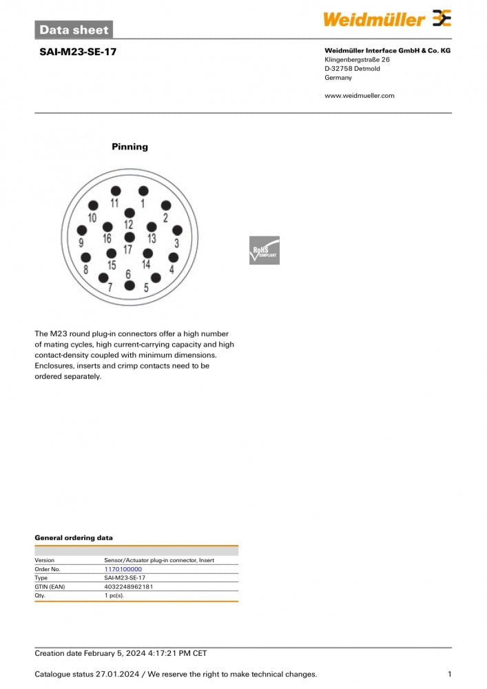 WEIDMULLER 1170100000 technical document page 1