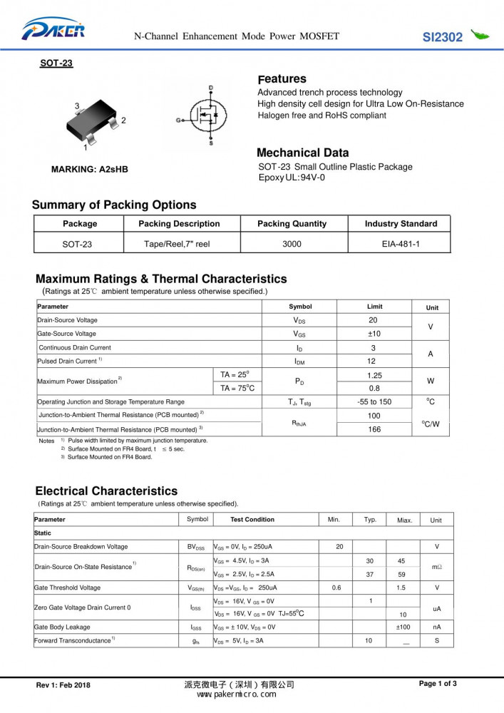 SI2302 datasheet page 1