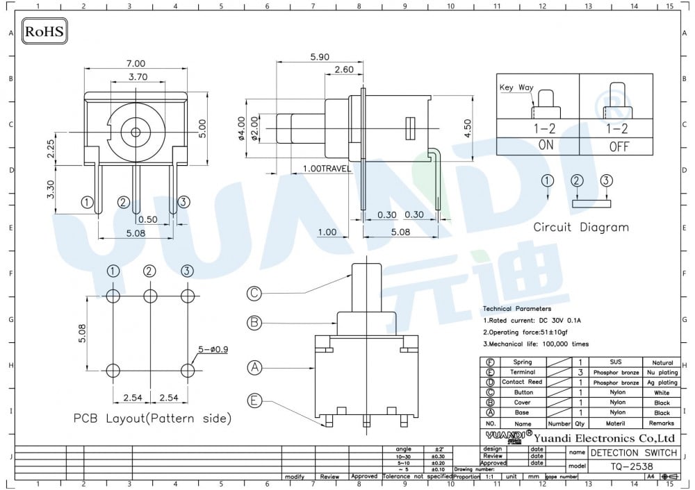 YUANDI TQ-2538 detection switch technical drawing